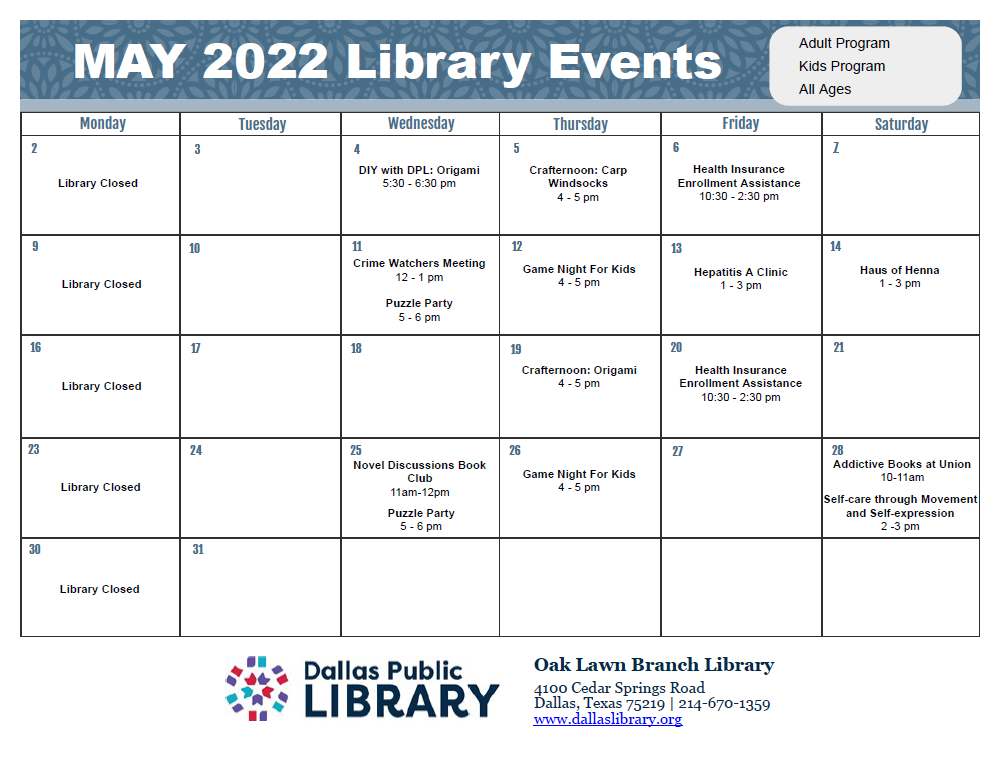 May 2022 Calendar – Oak Lawn Library – Oak Lawn Library Friends